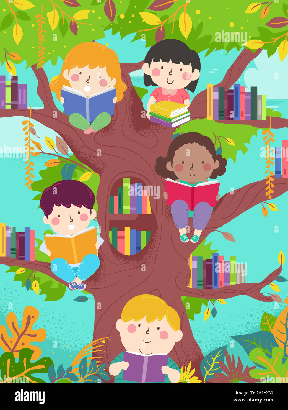 Illustration of Kids Reading Books and Sitting on a Tree Full of Books ...