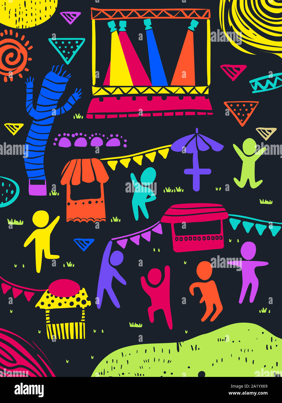 Illustration of Colorful People and Elements In a Festival from Stage ...