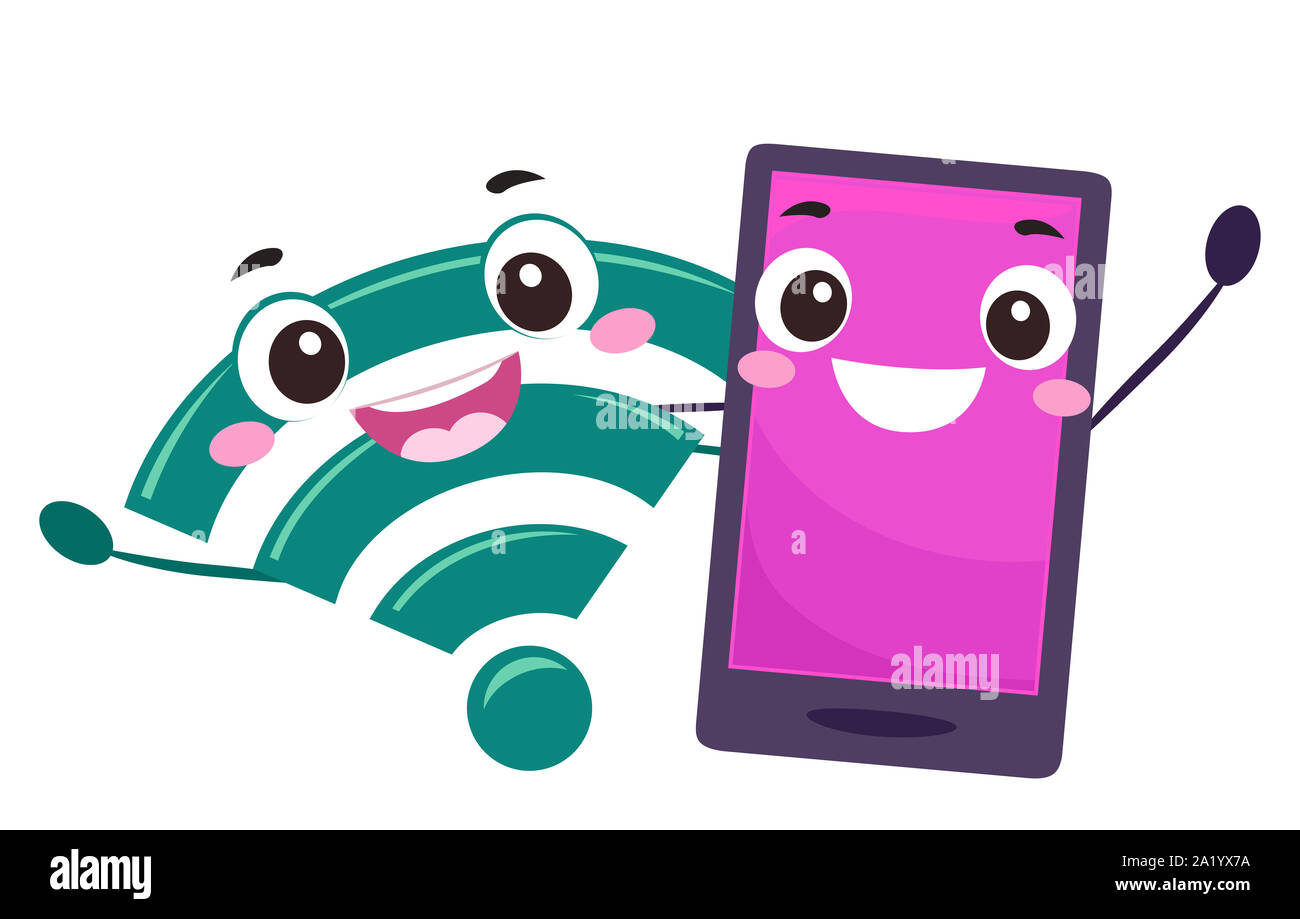 Illustration of a Wifi Signal and Mobile Phone Mascots Smiling Together ...