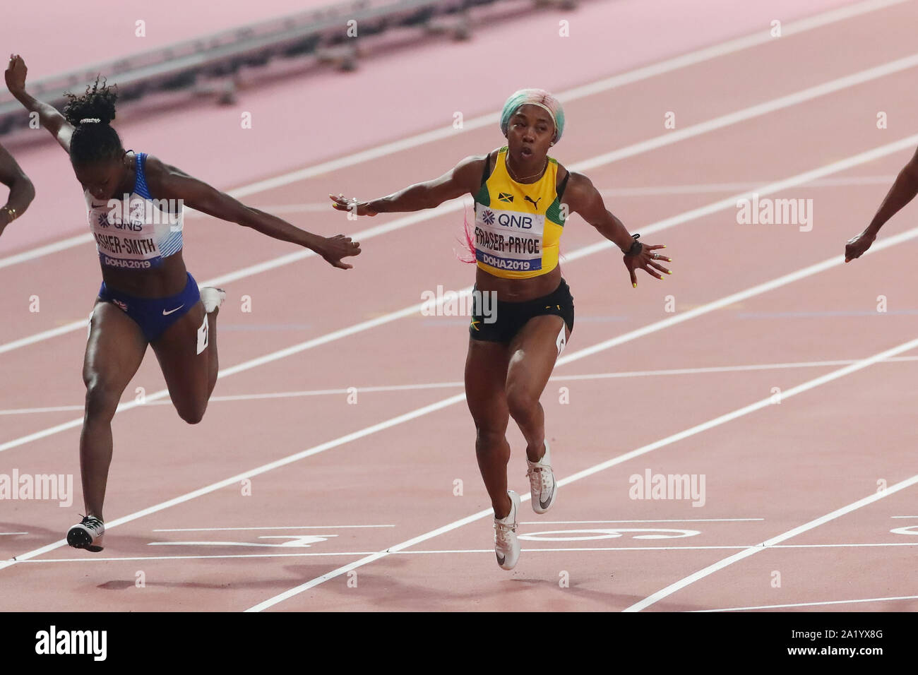 Doha, Qatar. 29th Sept, 2019. (L to R) Dina Asher-Smith (GBR), Shelly ...