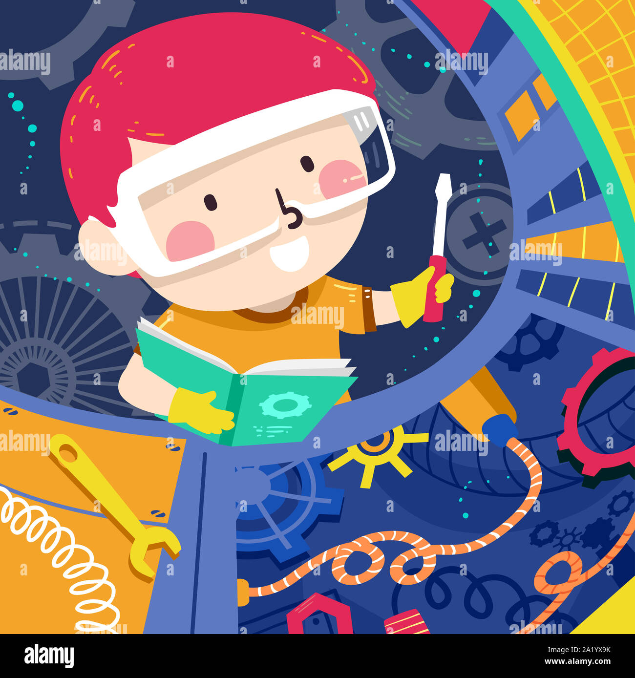 Illustration of a Kid Boy Holding a Manual and a Screwdriver to Repair ...