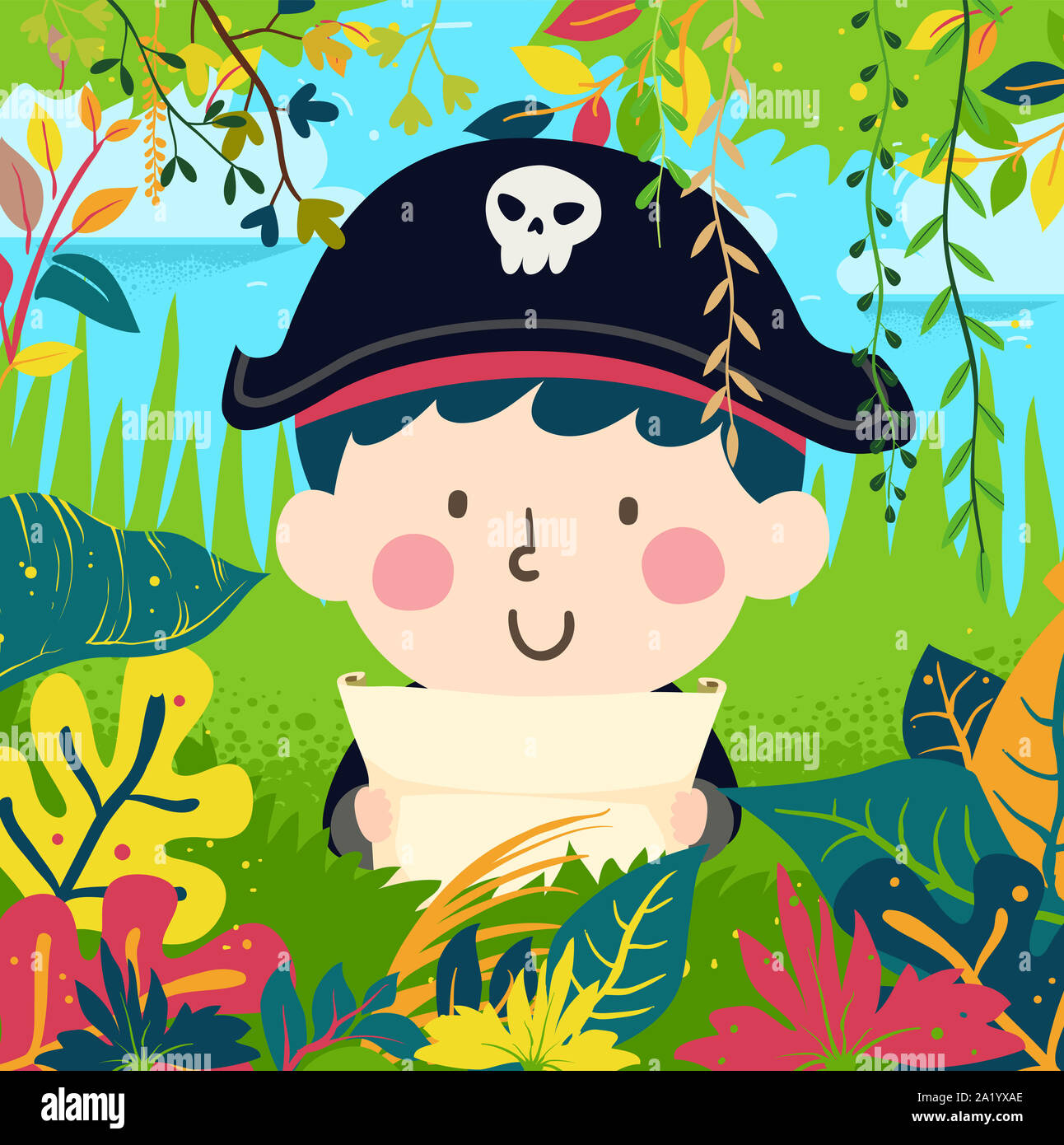 Illustration of a Kid Boy Wearing Pirate Costume Looking at a Map to ...