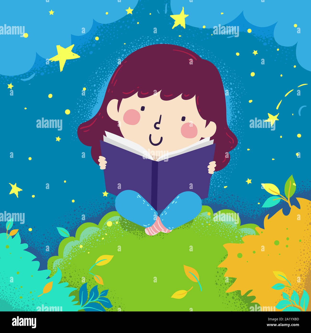 Illustration of a Kid Girl Reading a Book on Top of a Tree at Night ...