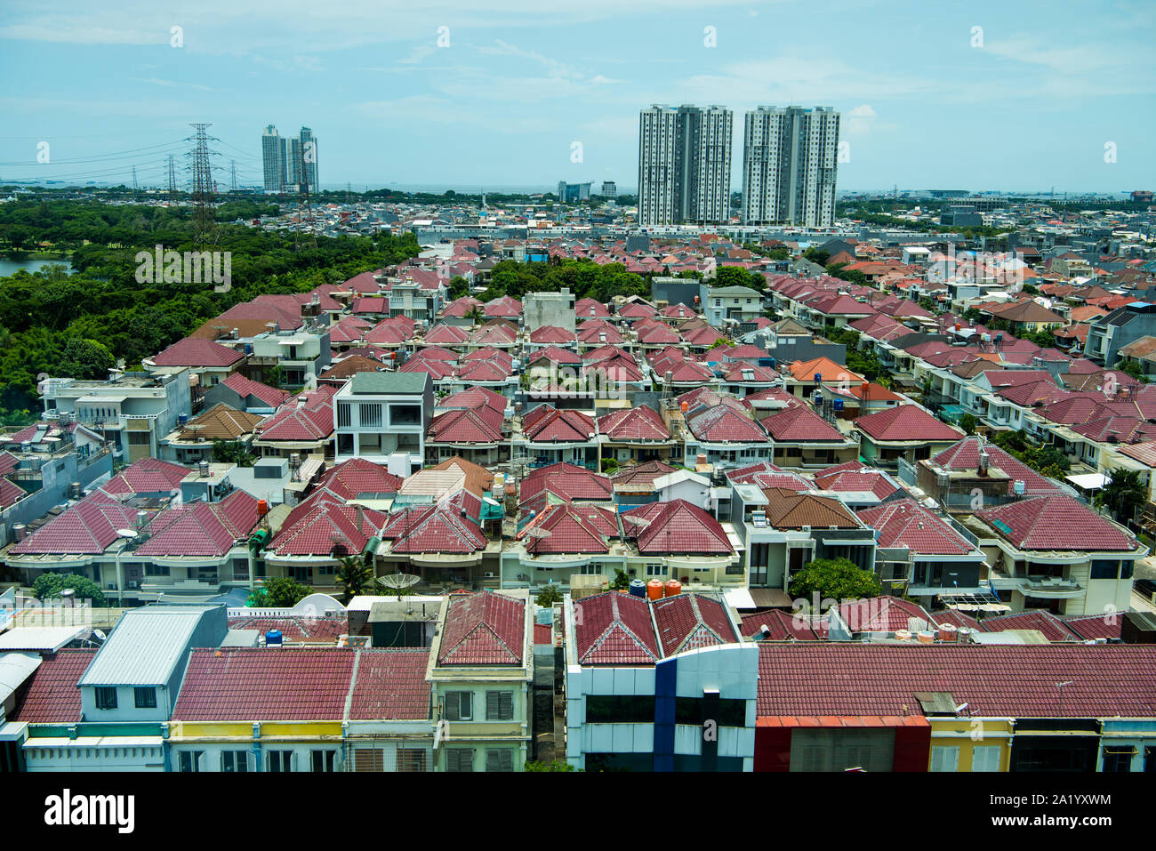 Aerial view of downtown of Jakarta, with residential houses and modern ...