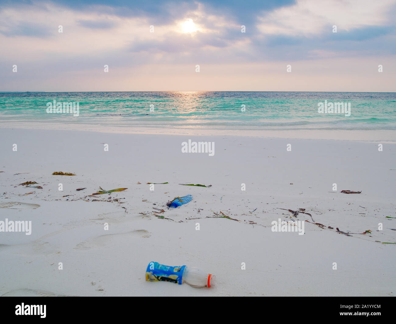 Plastic garbage on tropical beach. Ecology problem, pollution disaster ...
