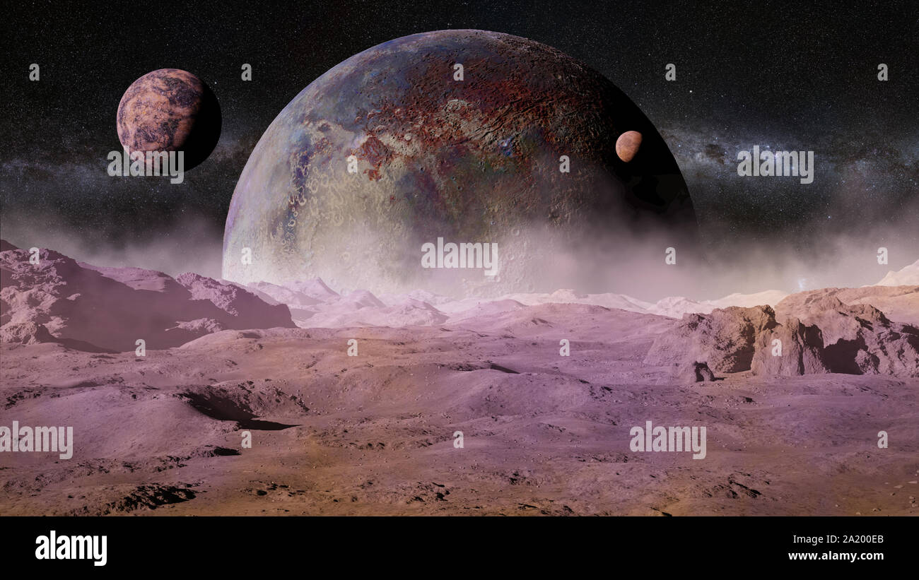 alien landscape with planet, moons and the Milky Way galaxy Stock Photo ...