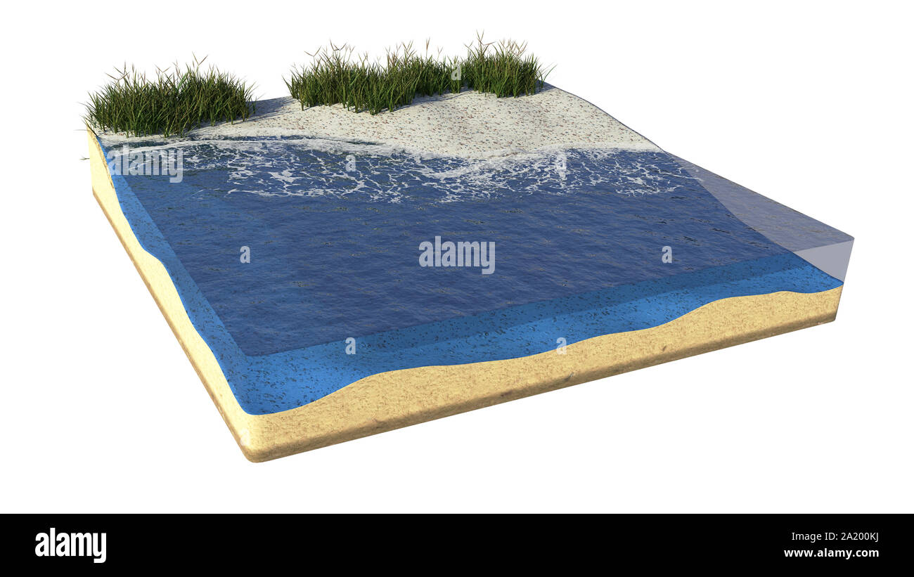 cross section of a strand area with ocean water, beach cube concept ...