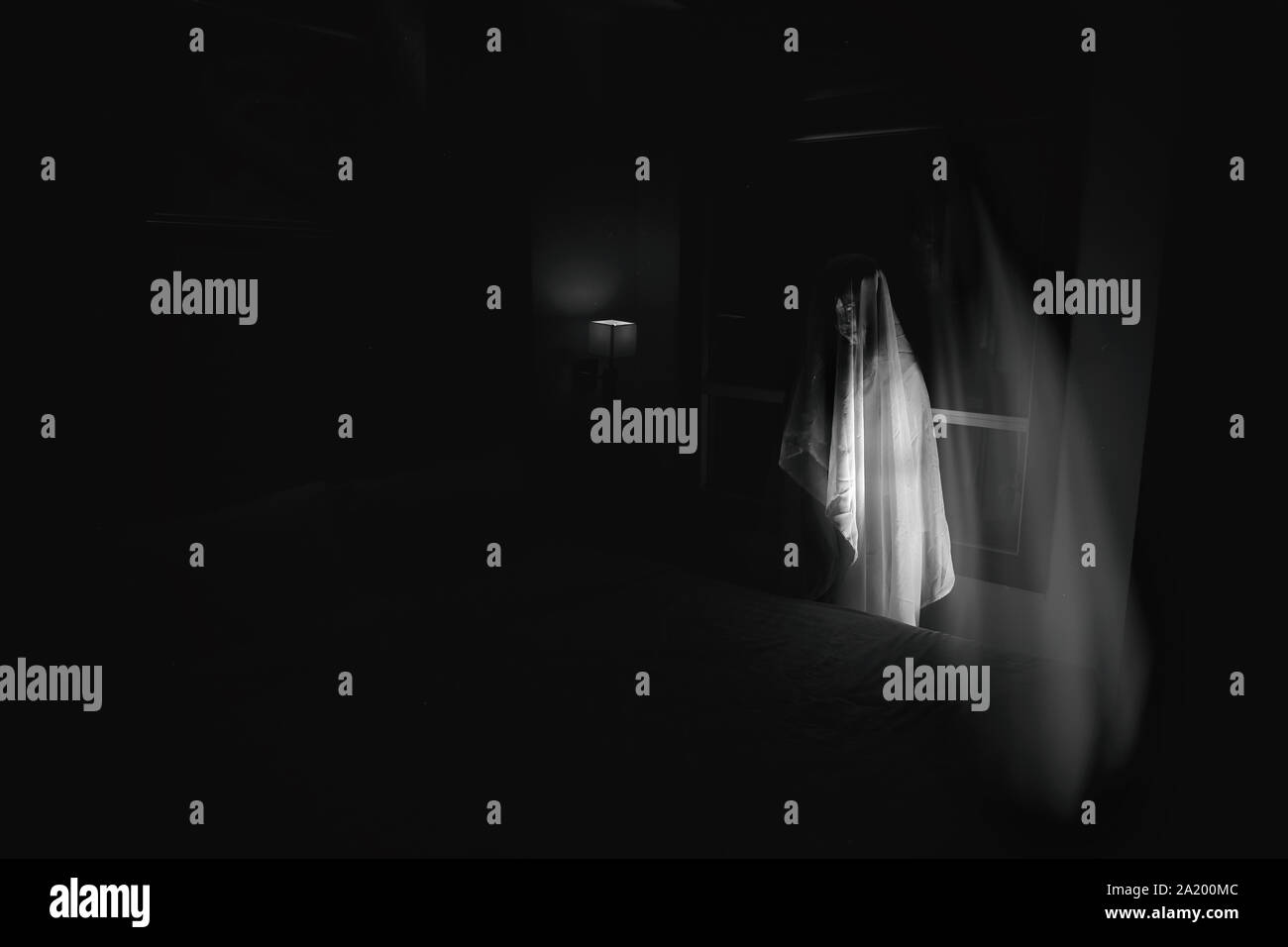 black and white ghost women in haunted hotel with double exposure and ...