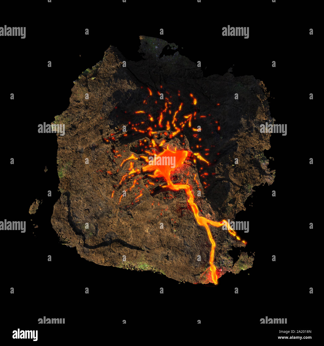 volcanic eruption, lava coming down a volcano, isolated on black ...