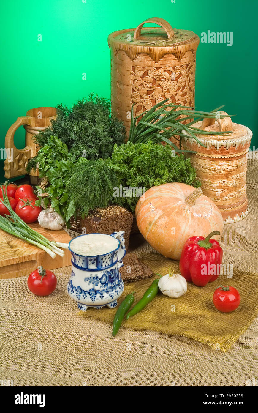 Vegetables, greenery and pumpkin on a studio background Stock Photo - Alamy