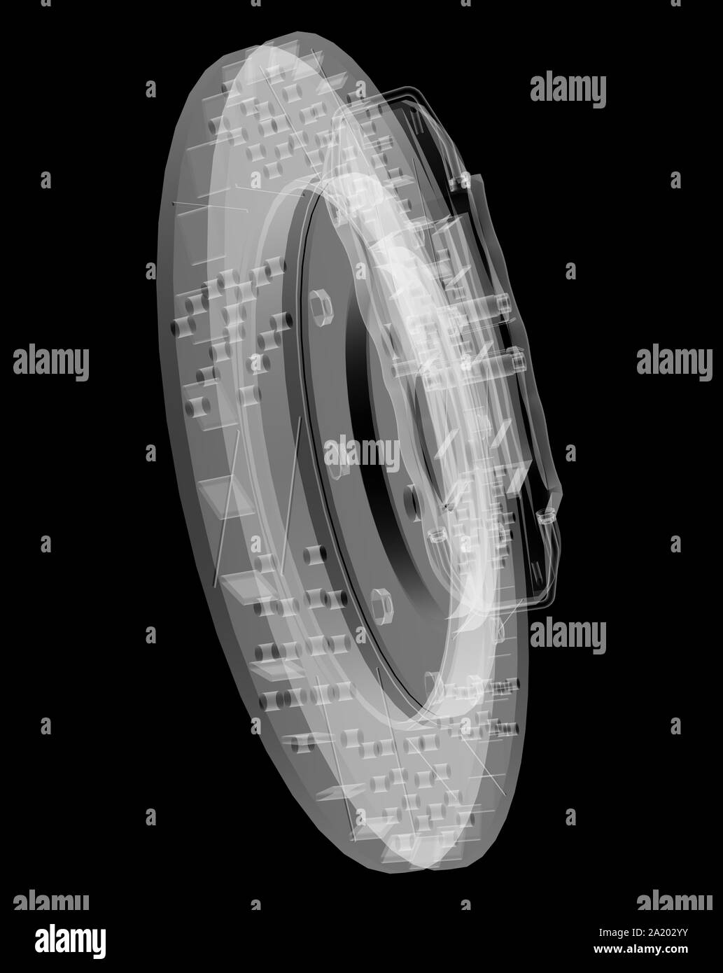 Brake disc and pads X-Ray style. Isolated on black background. 3D ...