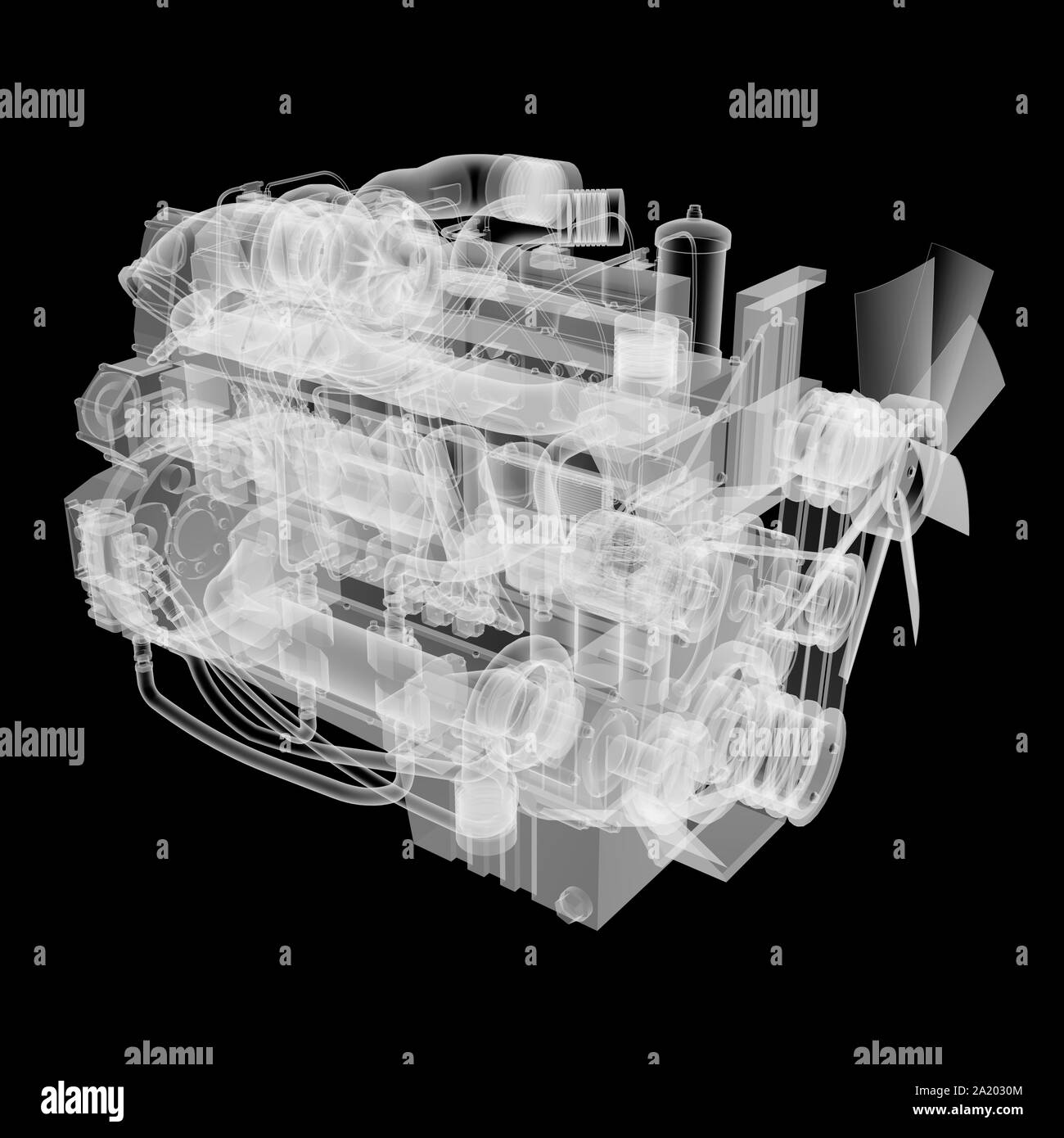 Internal combustion engine X-Ray style. Isolated on black background ...
