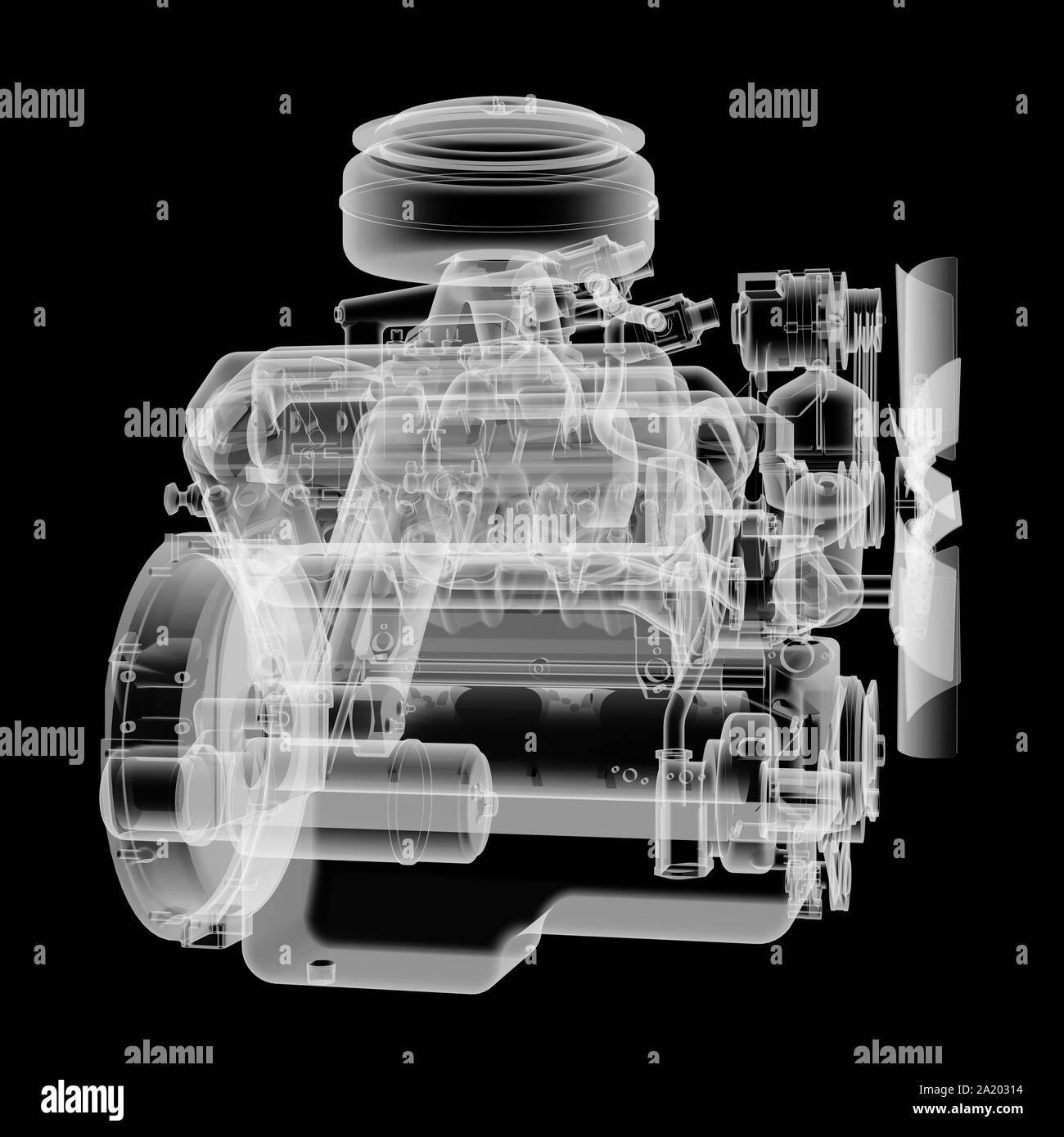 Internal combustion engine X-Ray style. Isolated on black background ...