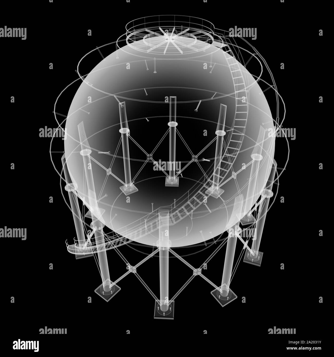 Round oil or gas tank. X-ray render isolated on black background. 3D ...