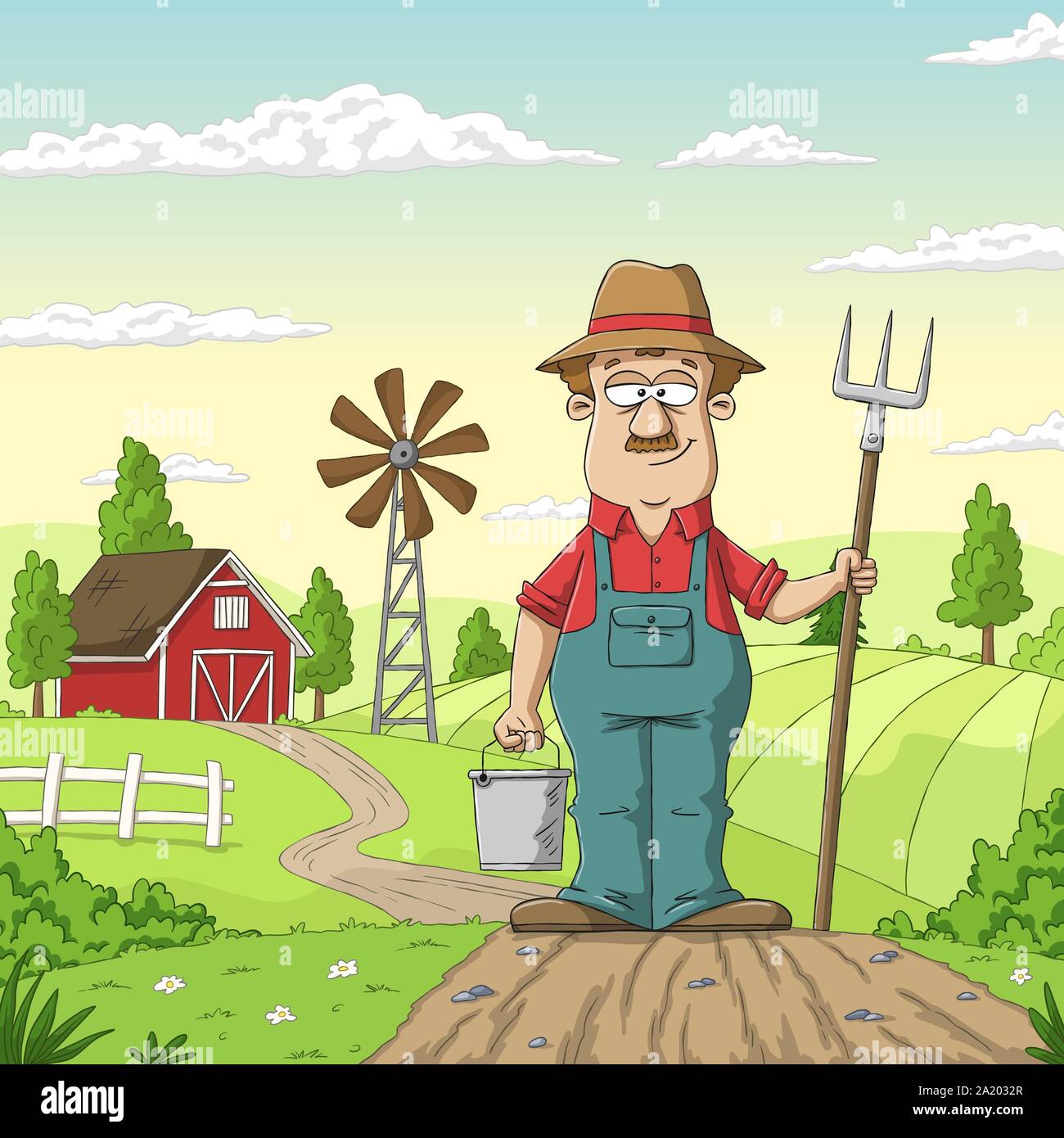 Farmer on his farm. Hand drawn vector illustration with separate layers ...