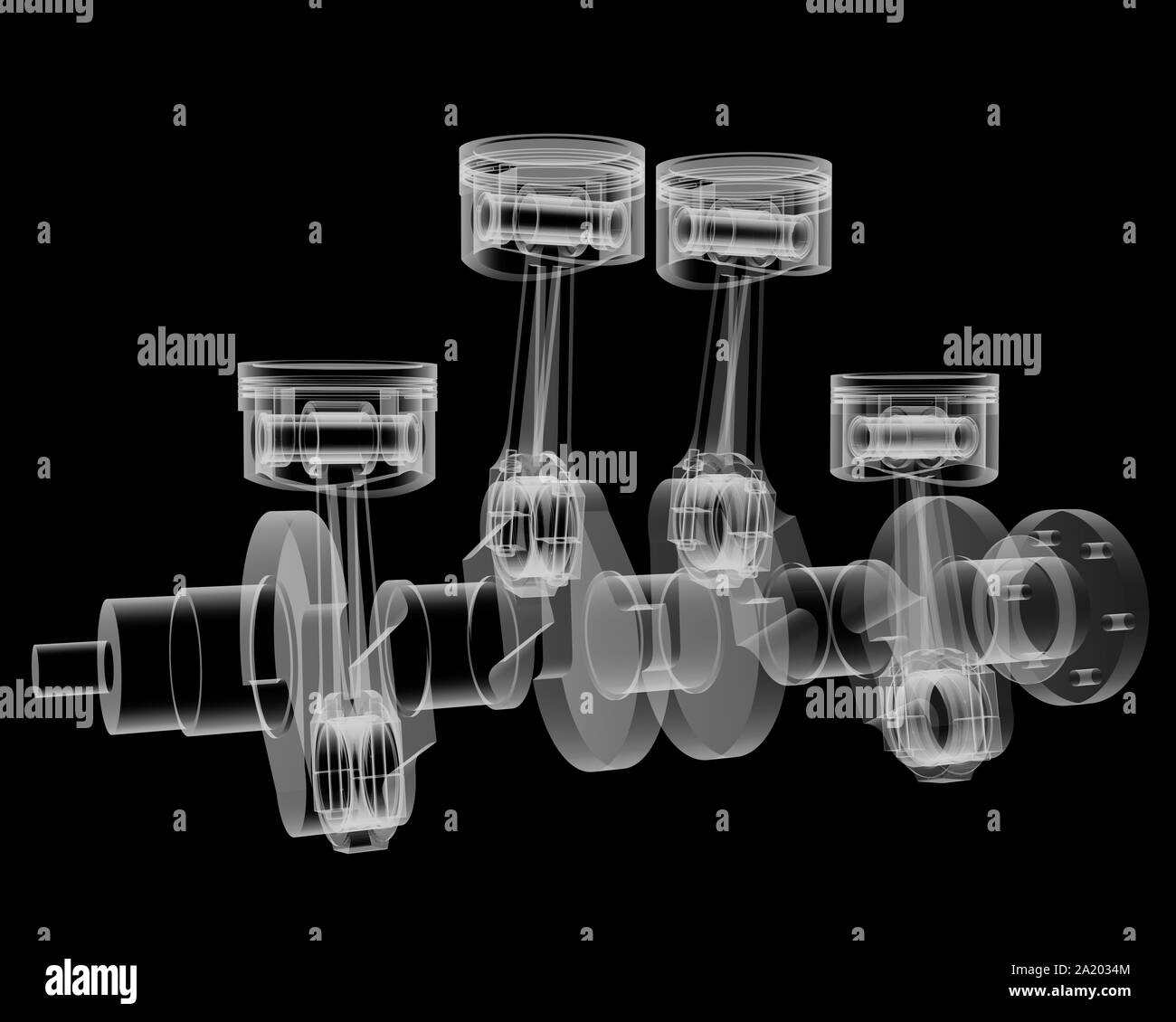 Pistons and crankshaft X-Ray style. Isolated on black background. 3D ...