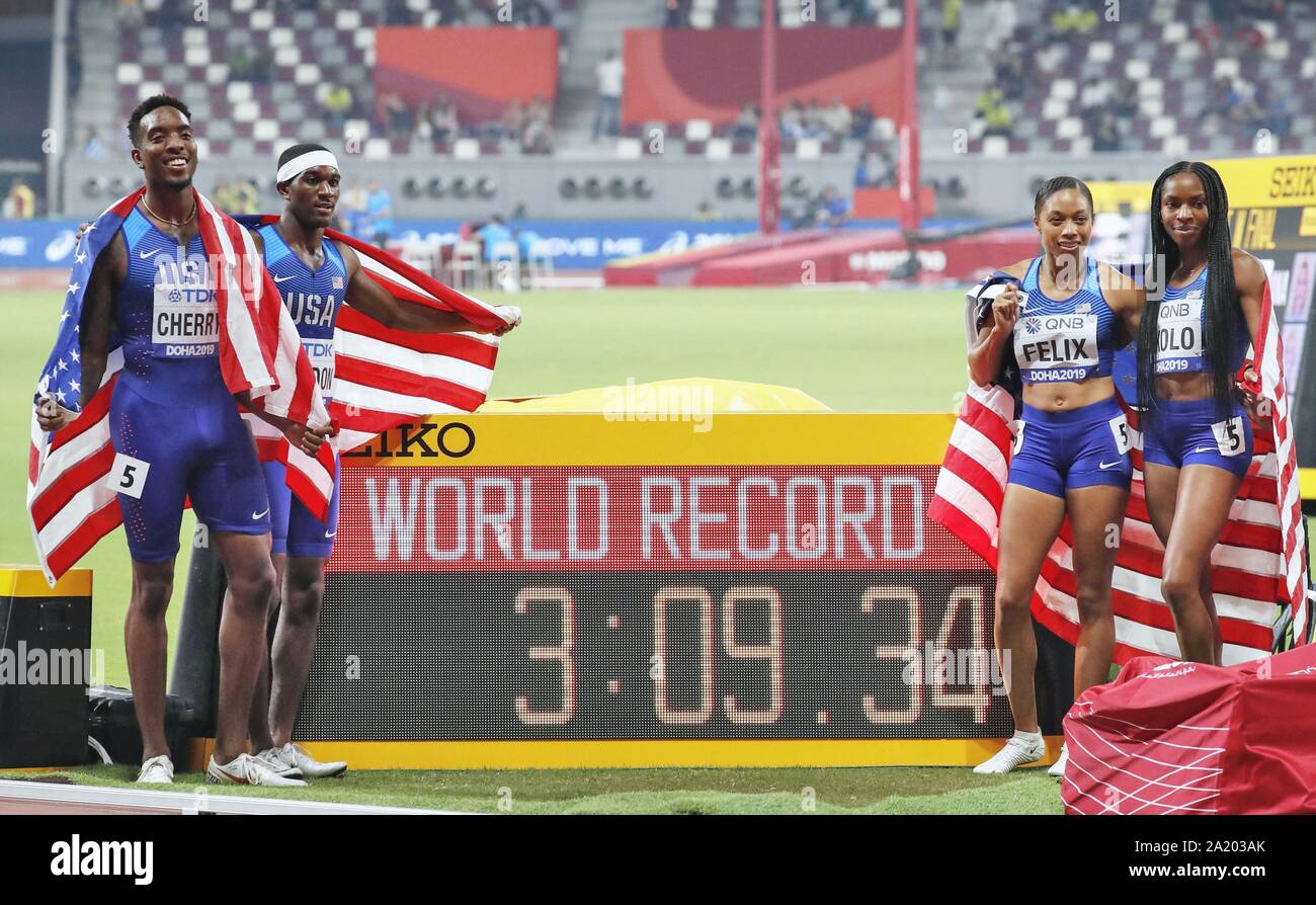 U.S. team members celebrate after winning 4x400-meter mixed relay at ...