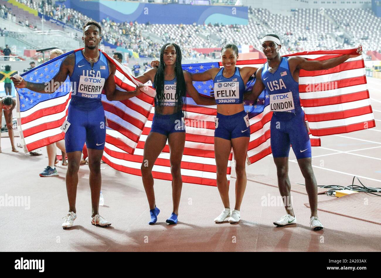 U S Team Members Celebrate After Winning 4x400 Meter Mixed Relay At