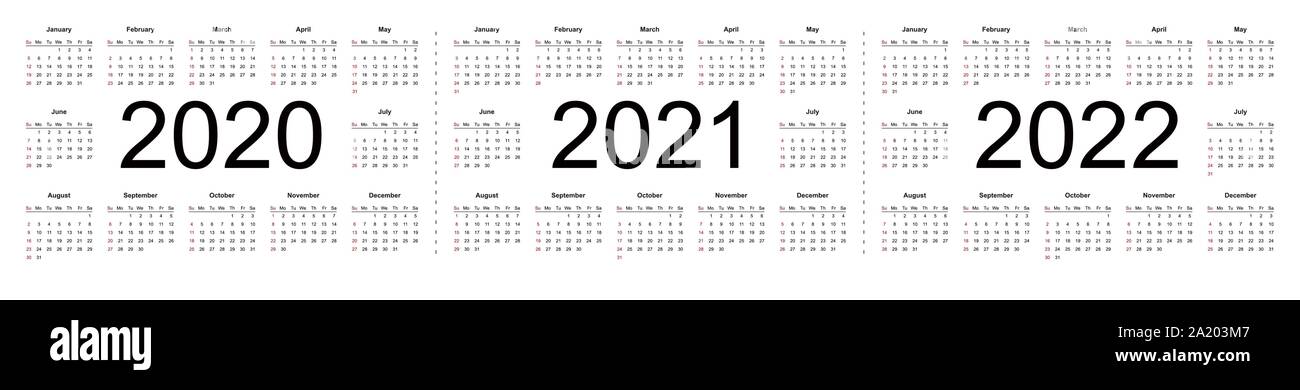 Calendar template set for 2020, 2021 and 2022 years in one vector file ...