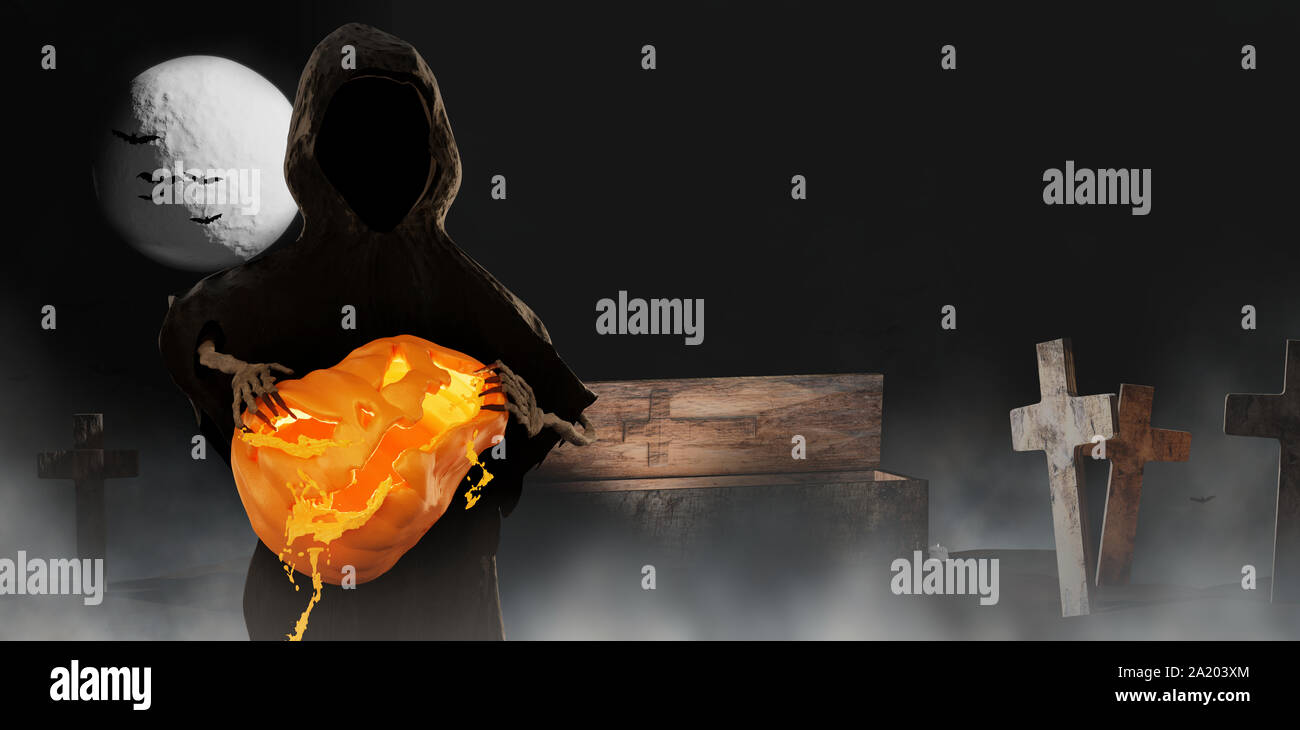 scary spooky halloween. Ripping a pumpkin background 3d-illustration ...