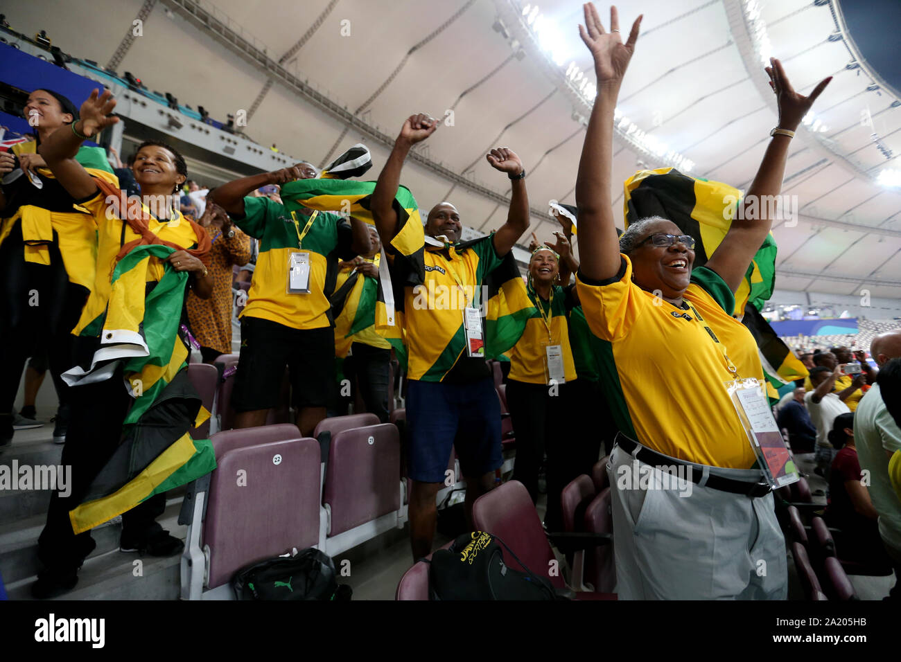 Doha, Qatar. 29th Sep, 2019. Audience of Jamaica celebrate for Shelly-Ann Fraser-Pryce of ...
