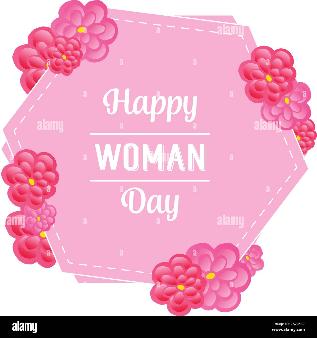 Card of happy woman day, with drawing of pink flower frame. Vector ...