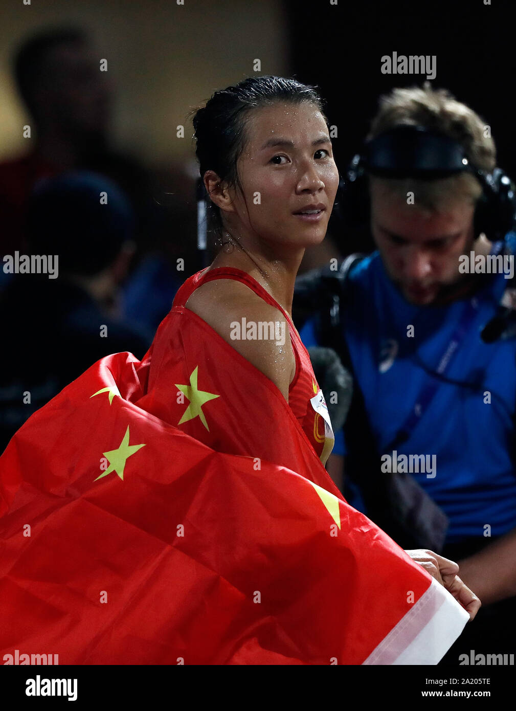 Doha, Qatar. 29th Sep, 2019. China's Liu Hong celebrates after winning ...