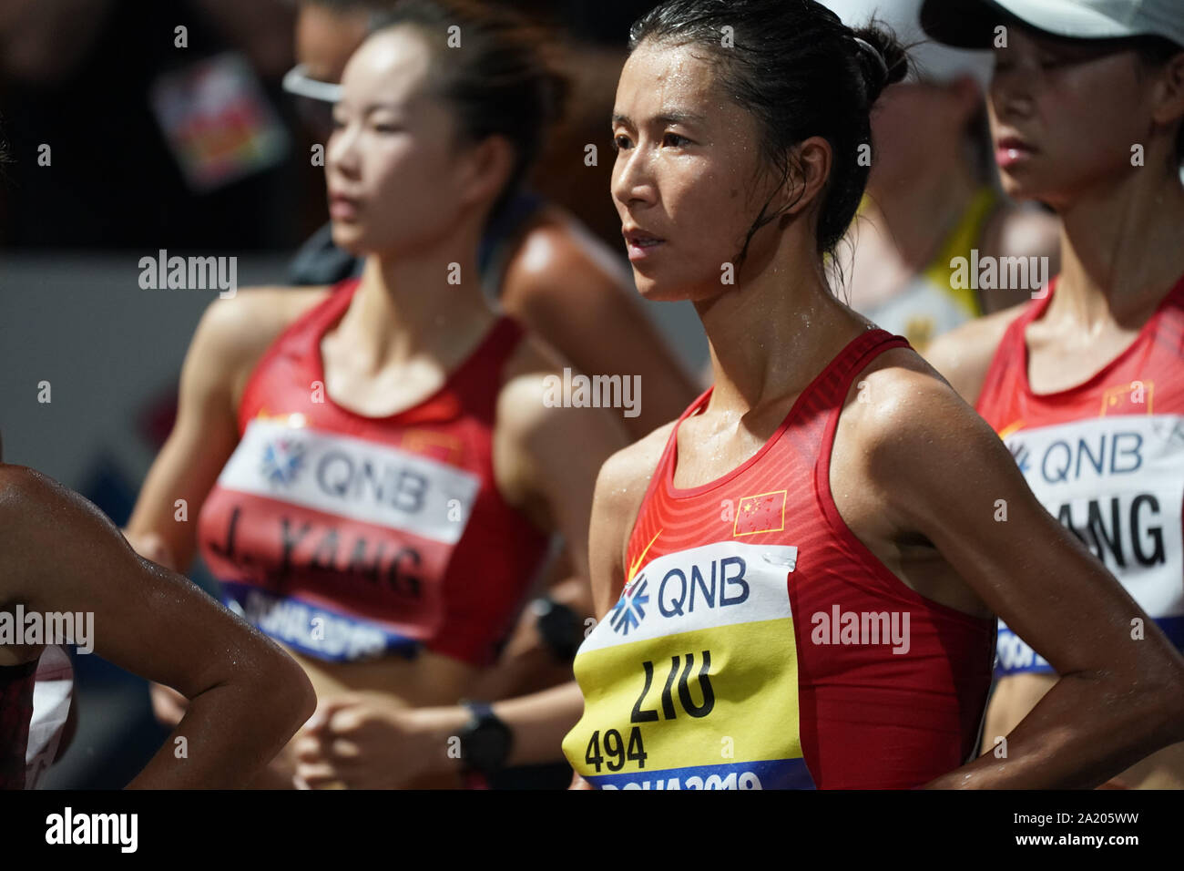 Doha, Qatar. 29th Sep, 2019. China's Liu Hong (front) competes during ...