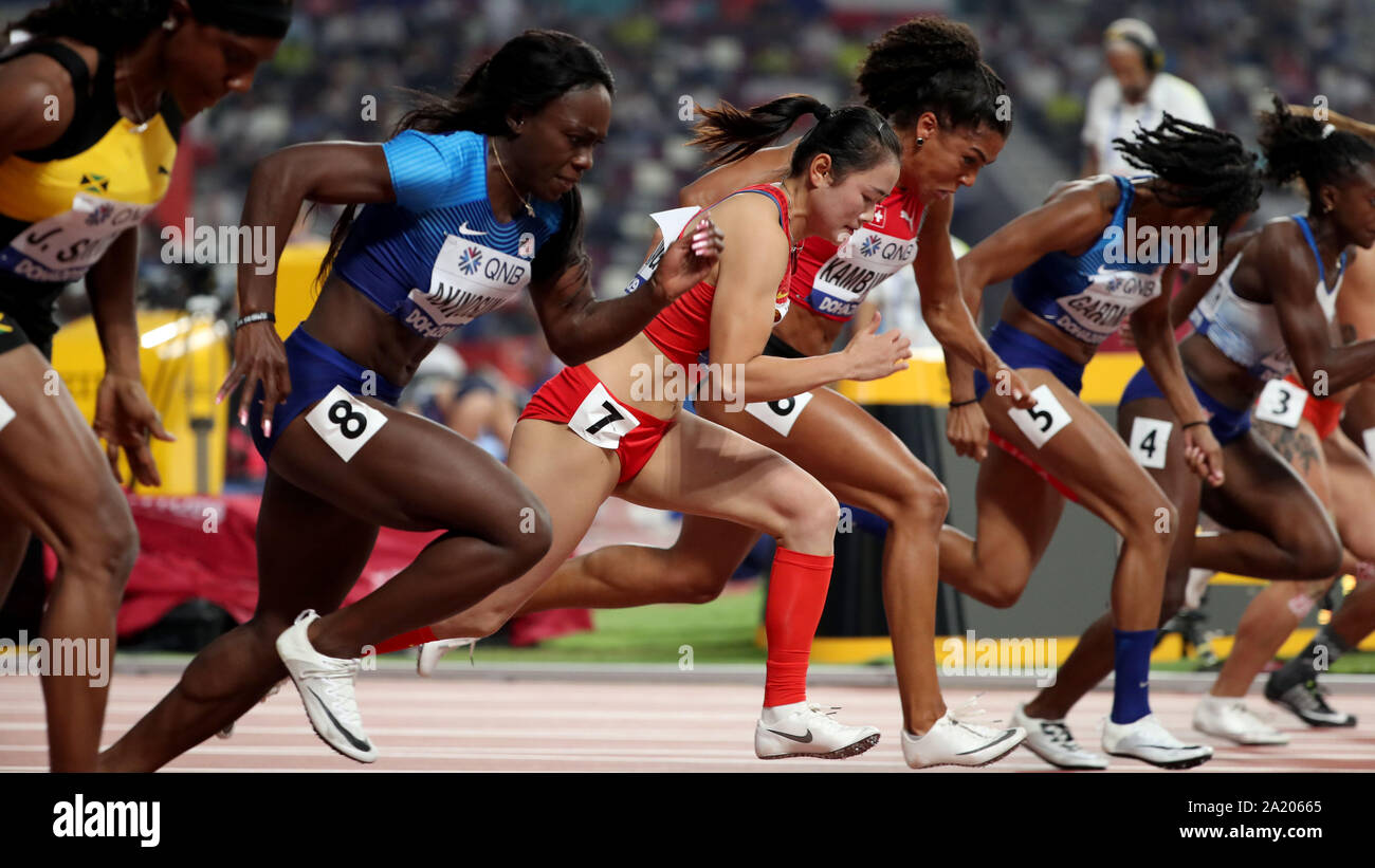 Doha, Qatar. 29th Sep, 2019. Liang Xiaojing (3rd L) of China competes ...
