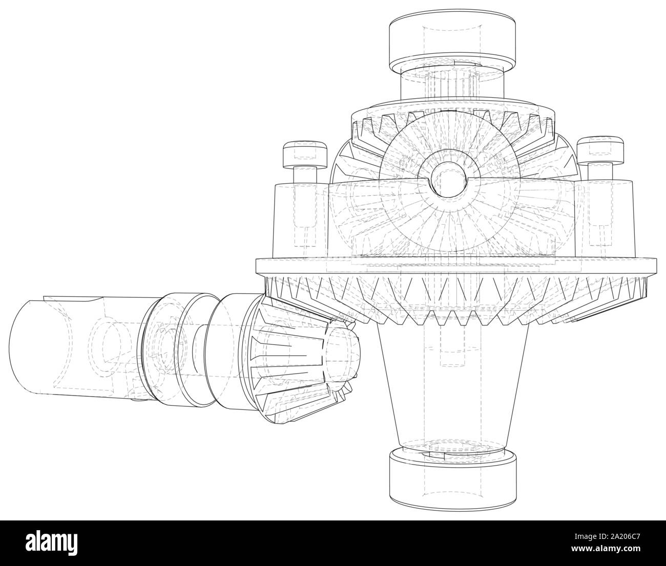 Inside view on gearbox cross section with gears and shafts. Wire-frame ...