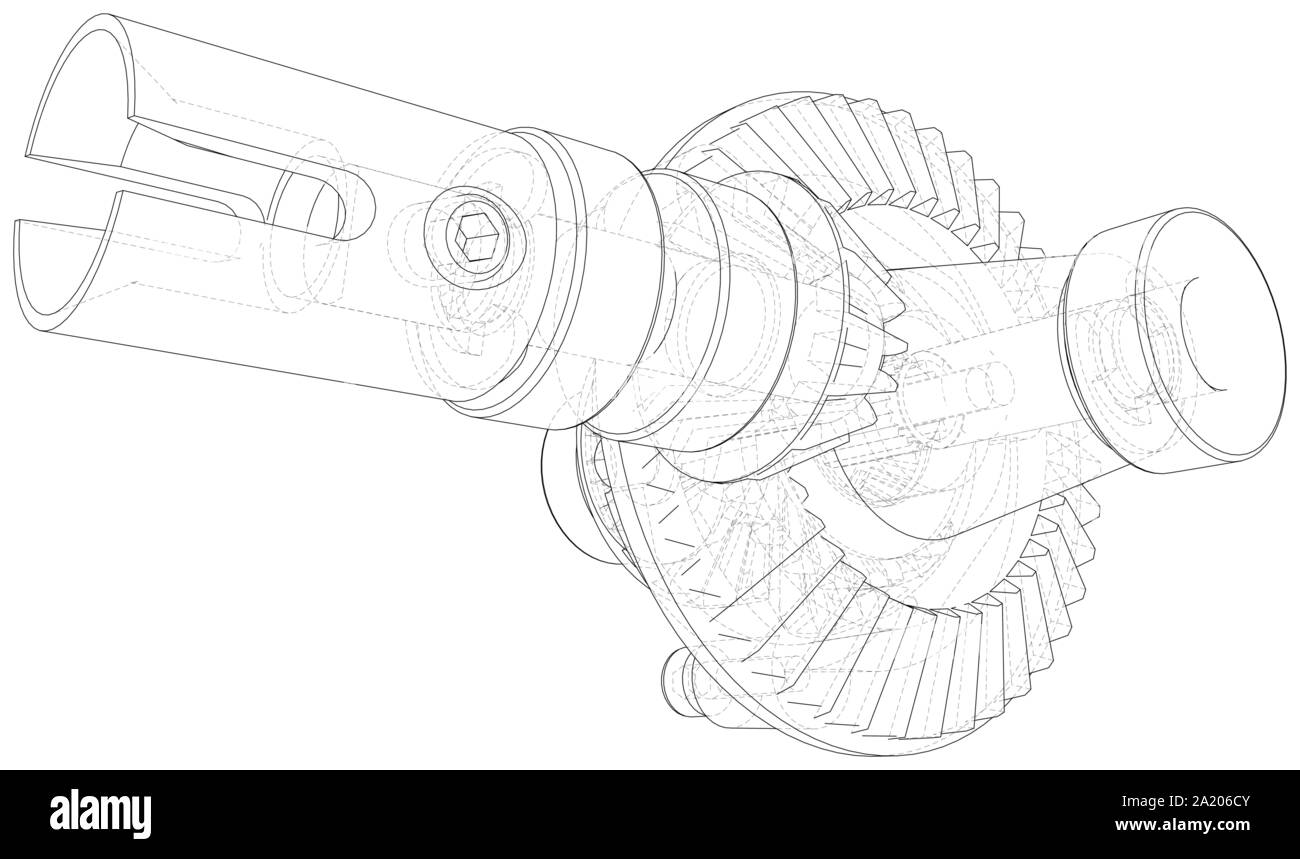 Inside view on gearbox cross section with gears and shafts. Wire-frame ...