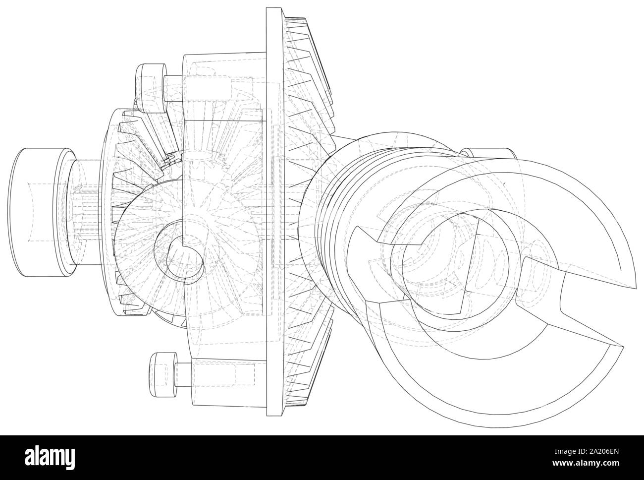 Inside view on gearbox cross section with gears and shafts. Wire-frame ...
