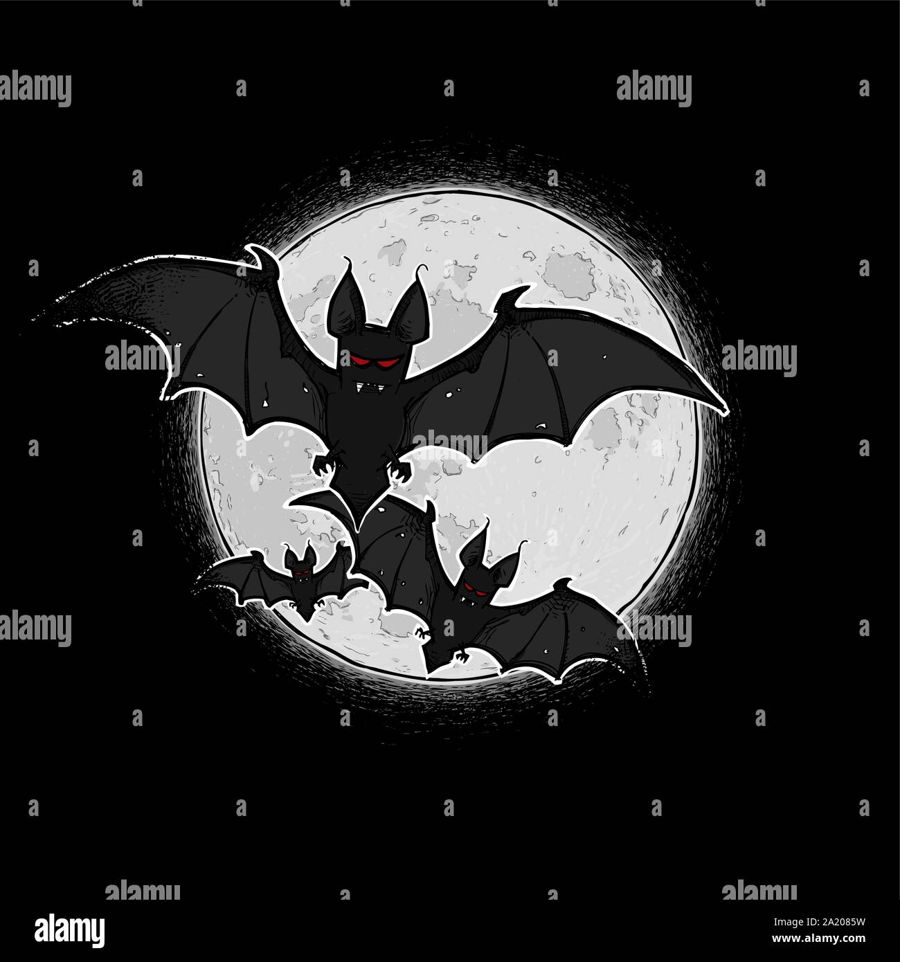 Free Hand Halloween Cartoon illustration of Three Bats against a full ...