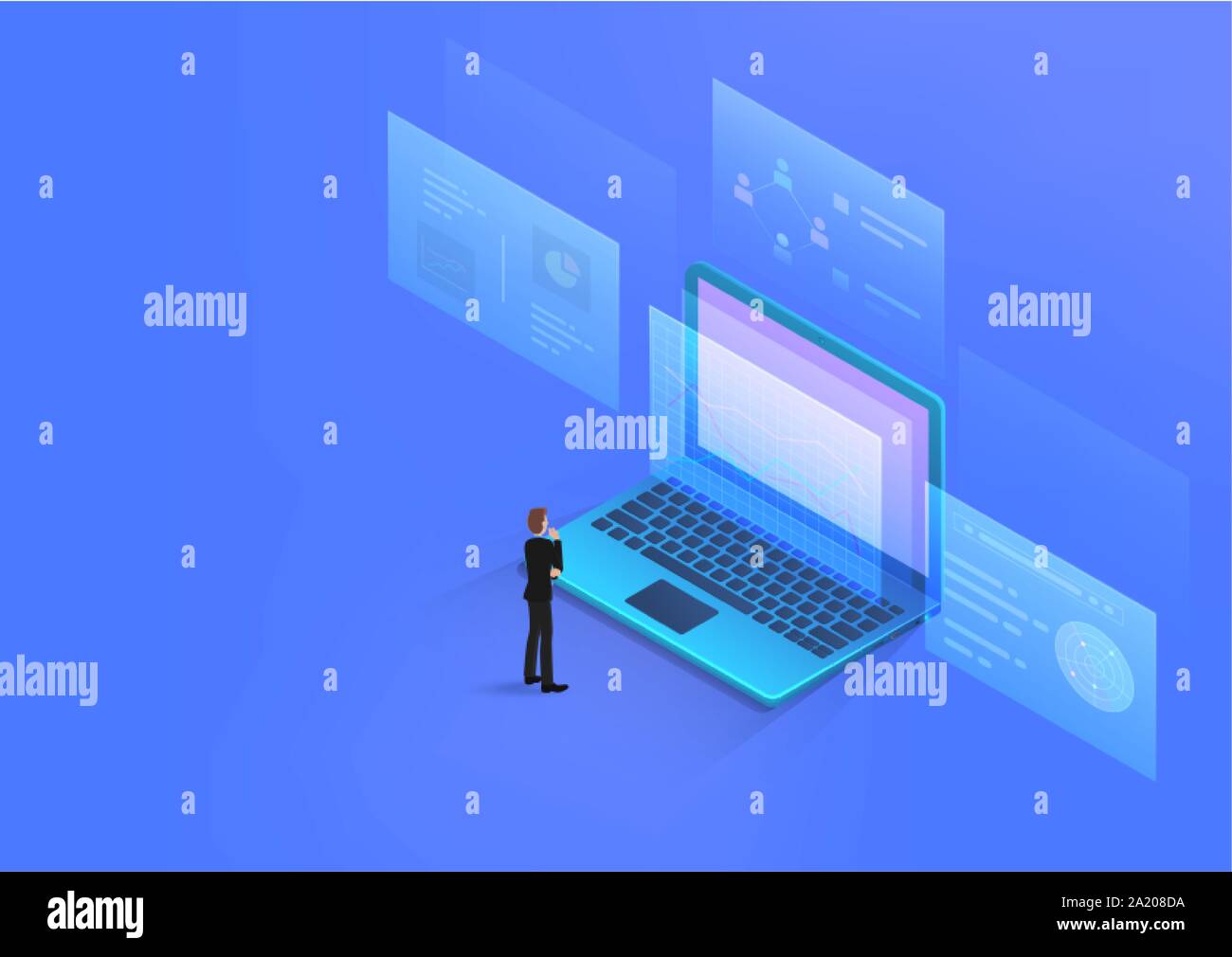 Businessman looking data analysis charts, graphs on laptop computer screen and thinking. Vector ...