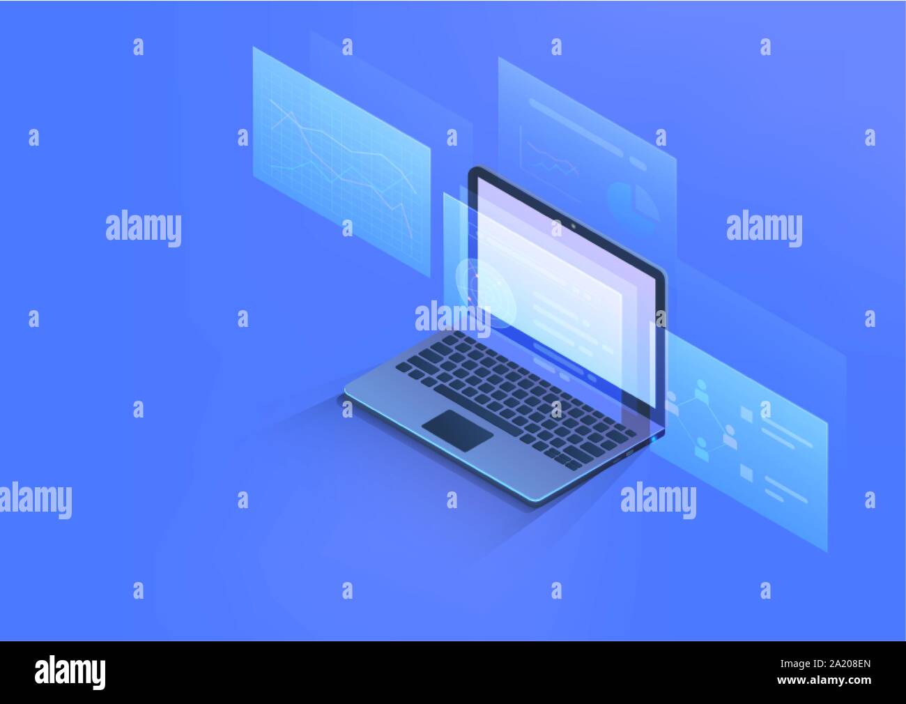 Isometric labtop, 3d computer notebook with data analysis charts ...