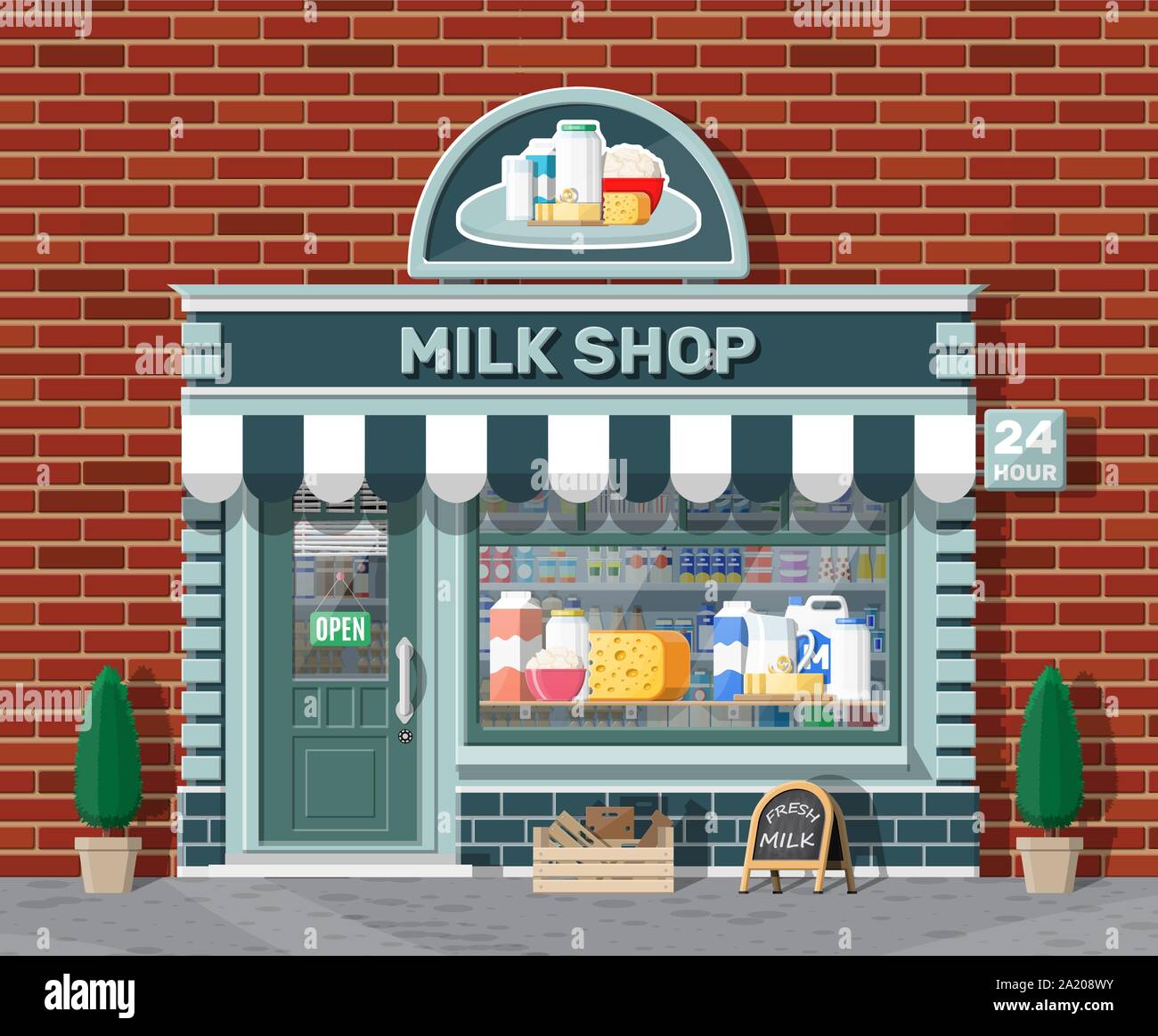 Dairy store or milk shop with signboard, awning Stock Vector Image ...