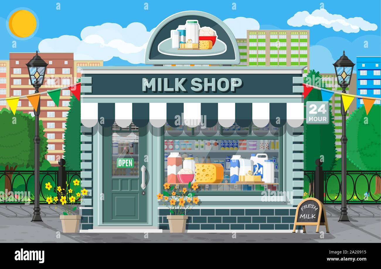 Dairy store or milk shop with signboard, awning Stock Vector Image ...
