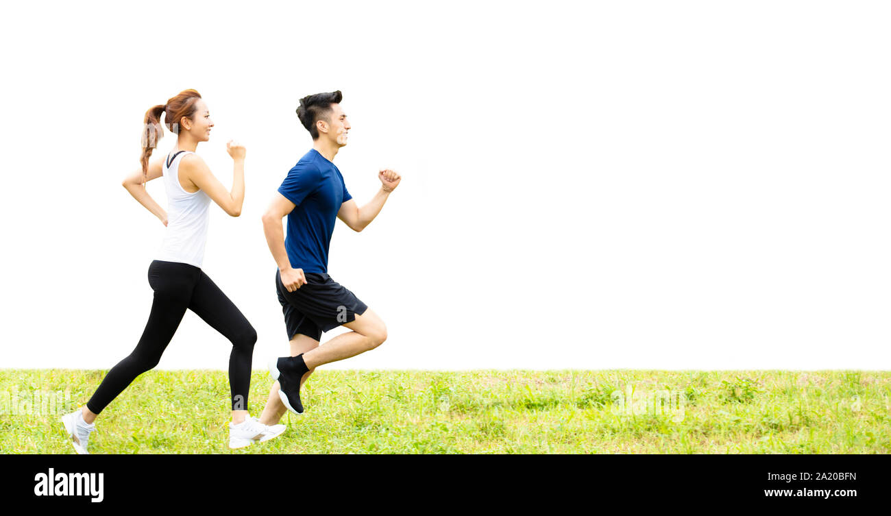 Side view of man and woman running people hi-res stock photography and ...