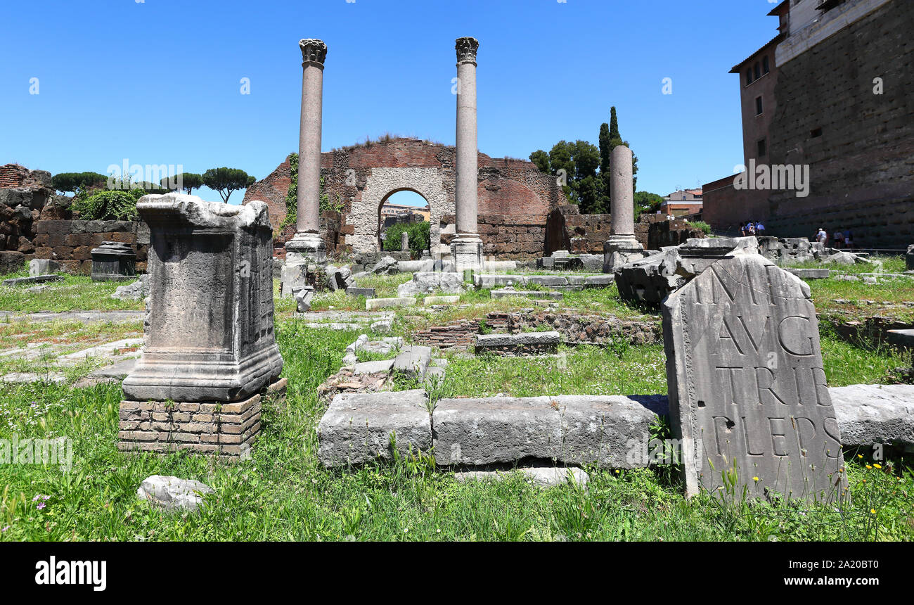 Archeological remains with Latin writing in the Roman Forum Stock Photo ...