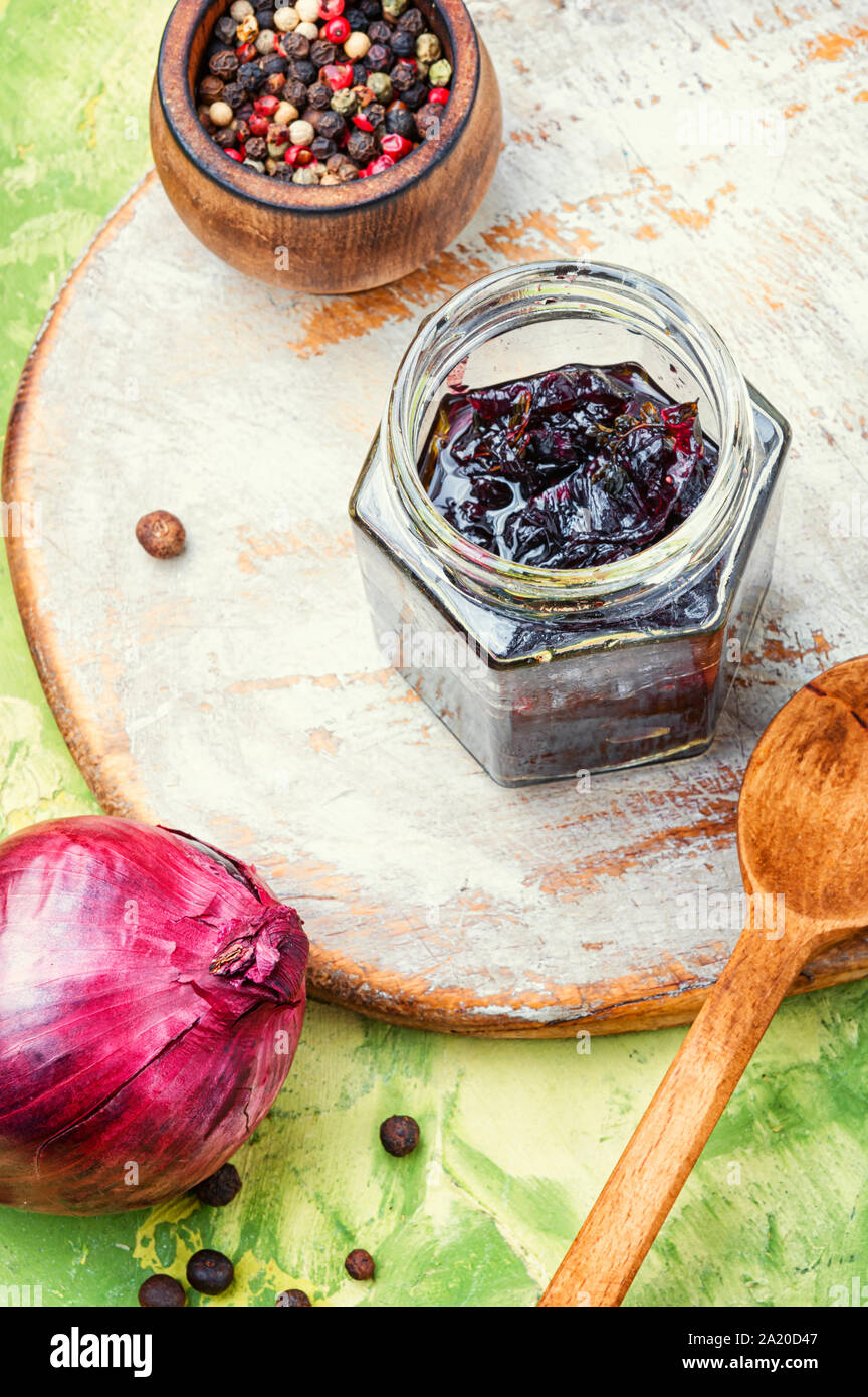 Homemade red onion jam.Onion confiture in jar Stock Photo - Alamy