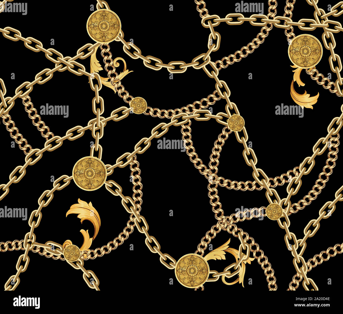 Fashion Seamless Pattern with Golden Chains on Black Background. Fabric ...
