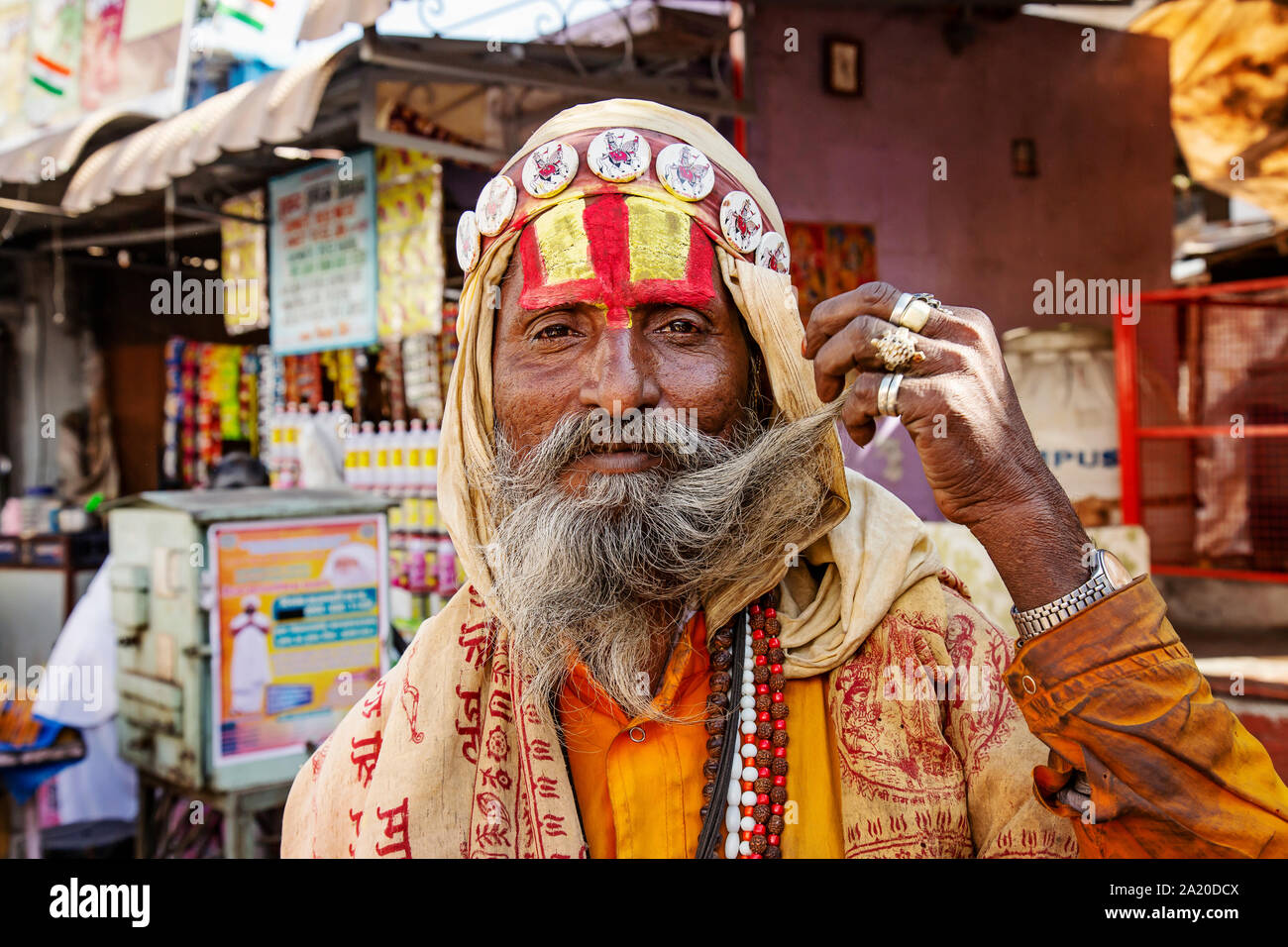 Pushkar, Rajasthan in India, January 26, 2019: Portrait of Sadhu guru ...