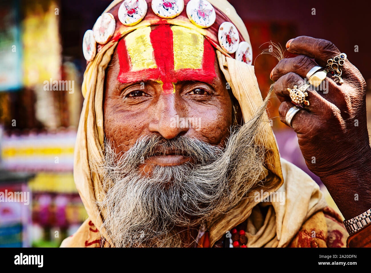 Pushkar, Rajasthan in India, January 26, 2019: Portrait of Sadhu guru ...