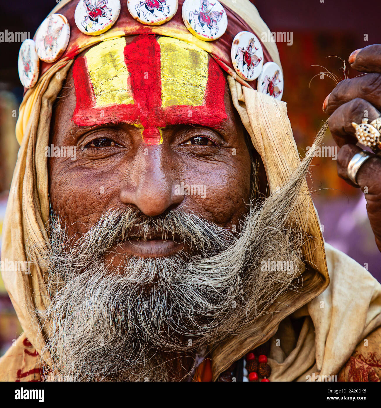 Pushkar, Rajasthan in India, January 26, 2019: Portrait of Sadhu guru ...
