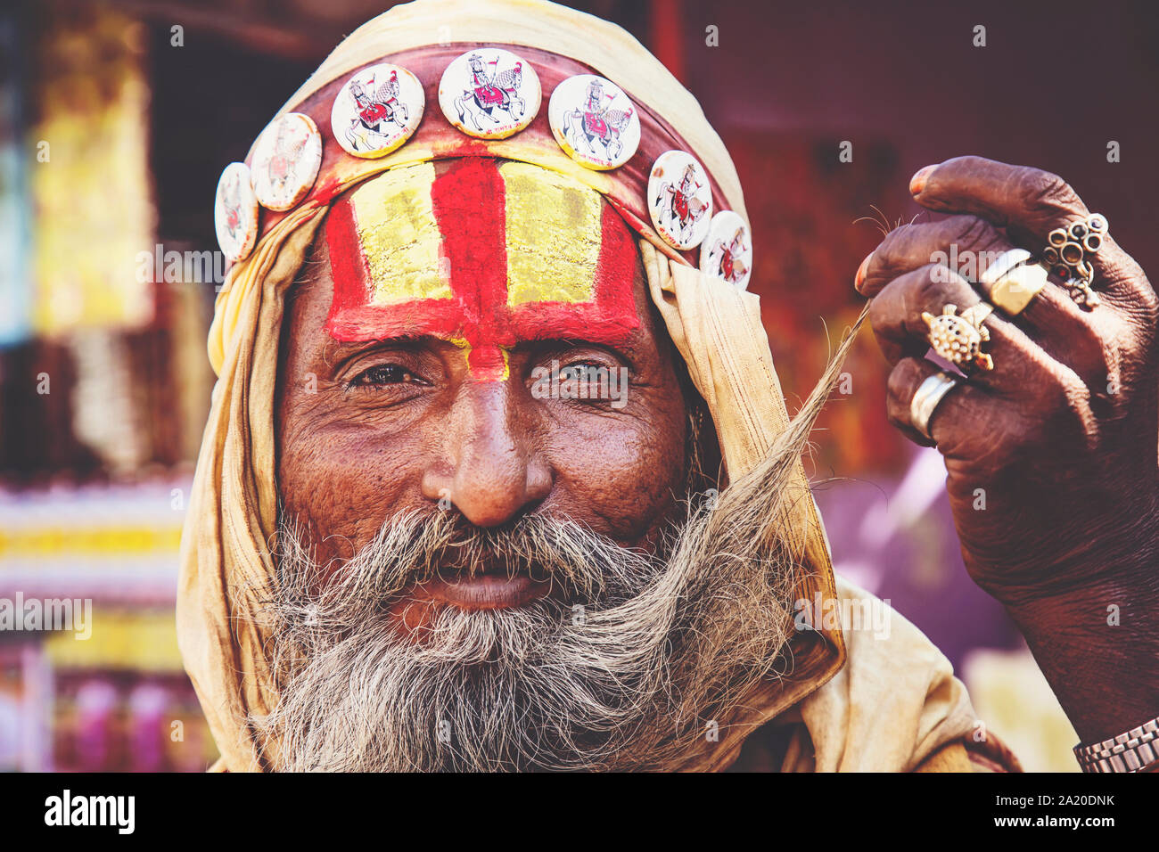 Pushkar, Rajasthan in India, January 26, 2019: Portrait of Sadhu guru ...