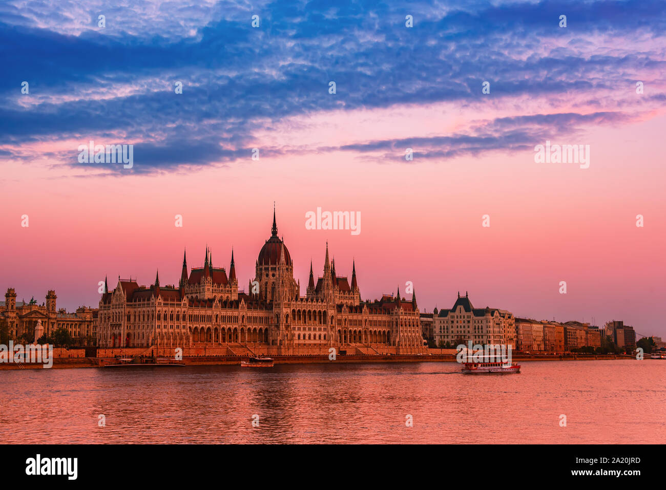 Budapest Parliament building and Danube river at sunset, travel Hungary ...