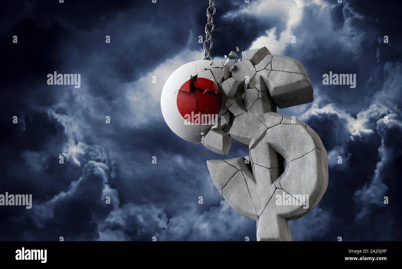 Japan flag ball smashing a USA dollar currency symbol. 3D Render Stock ...