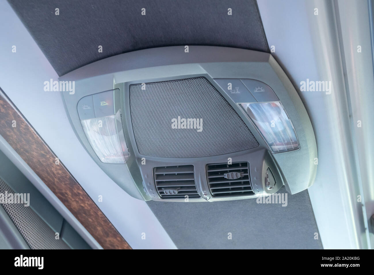 Inside bus components, steering wheel, air conditioned control button ...