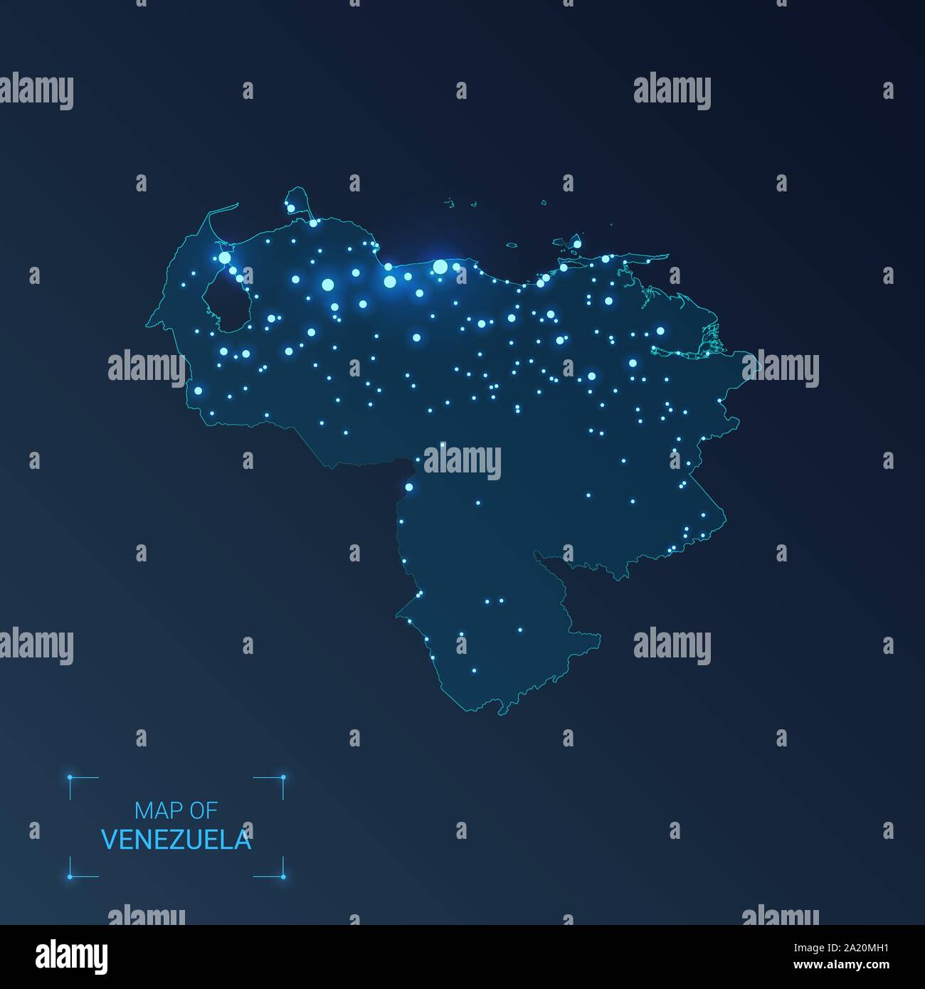 Venezuela map with cities. Luminous dots - neon lights on dark ...