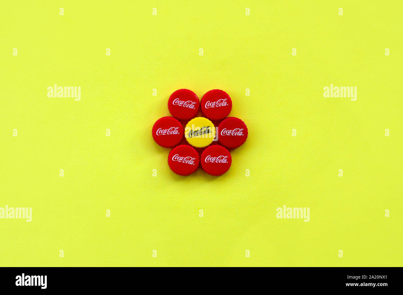 KHARKOV, UKRAINE - SEPTEMBER 8, 2019: Flower of many red caps with coca ...